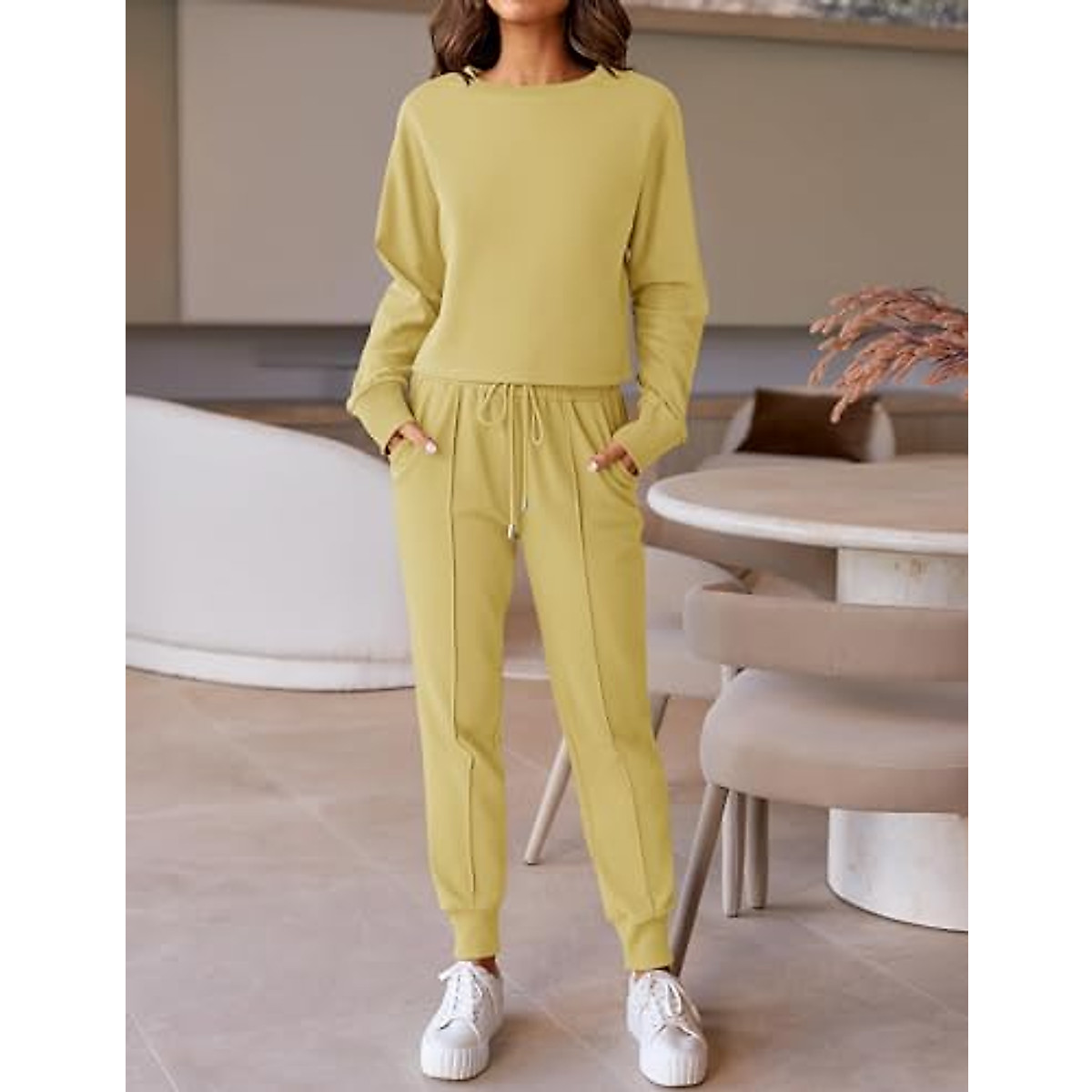 ZESICA Women's Long Sleeve Crop Top and Pants Pajama Sets 2 Piece Jogger Long Sleepwear Loungewear Pjs Sets,Yellow,Large
