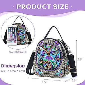 Embroidery Canvas Shoulder Bag Women Vintage Boho Mini Crossbody Bag Handbag Cell Phone Pouch (Purple)