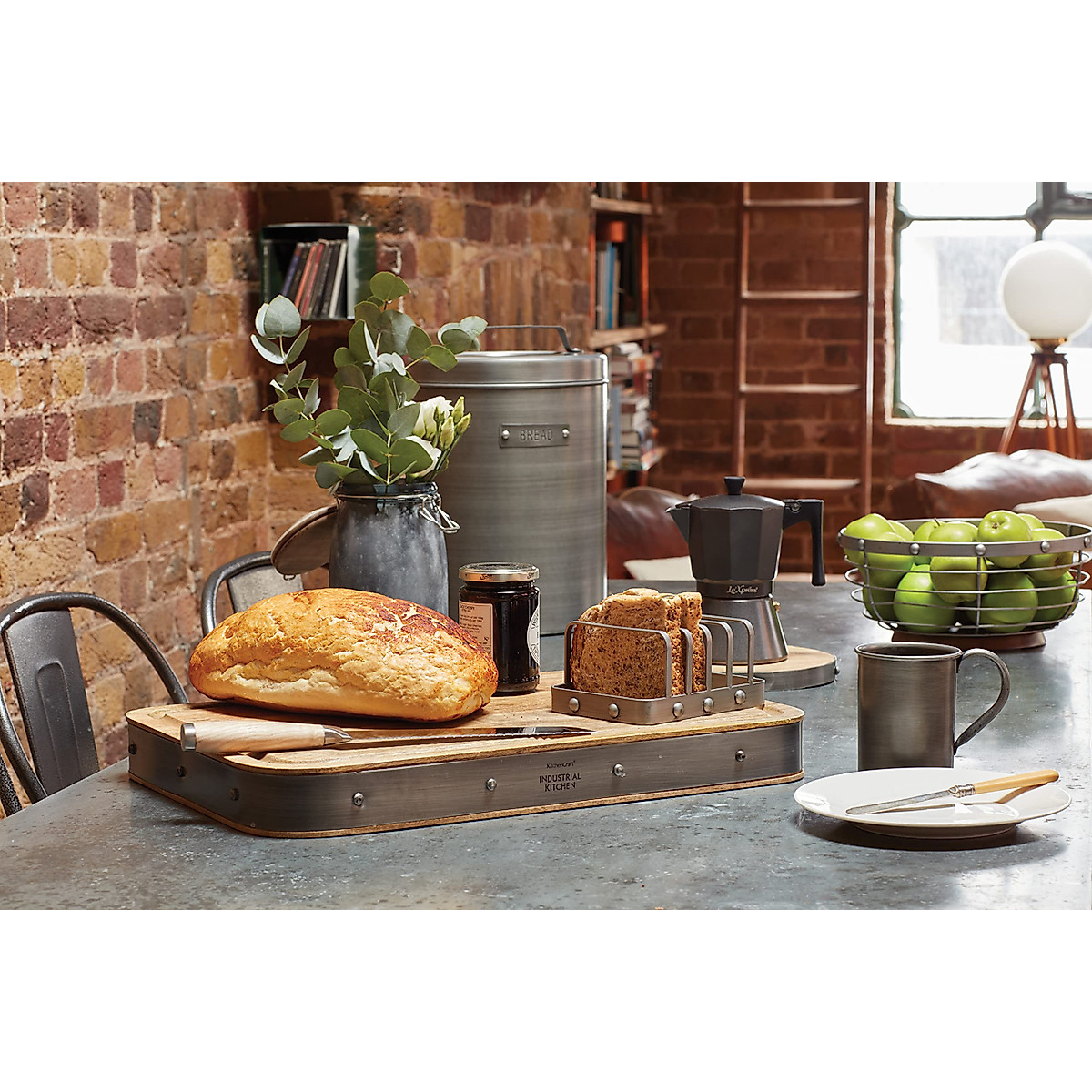 KitchenCraft Industrial Kitchen Vintage-Style Metal/Wooden Fruit Bowl, 28 x 12 cm (11" x 5") - Grey