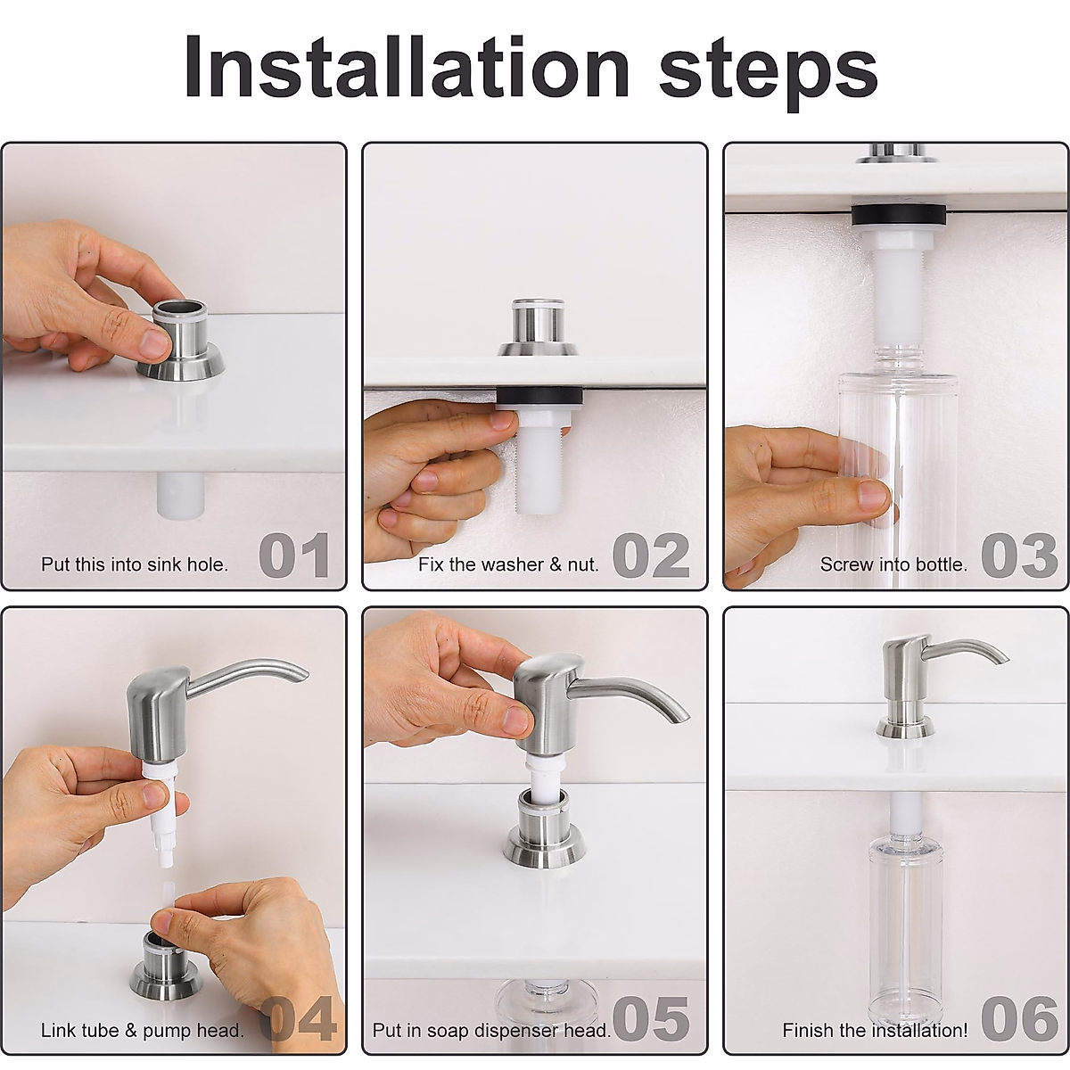 GAGALIFE Built in Sink Soap Dispenser or Lotion Dispenser for Kitchen Sink, Brushed Nickel ABS Pump Head, with 13 Ounce Large PET Soap Bottle