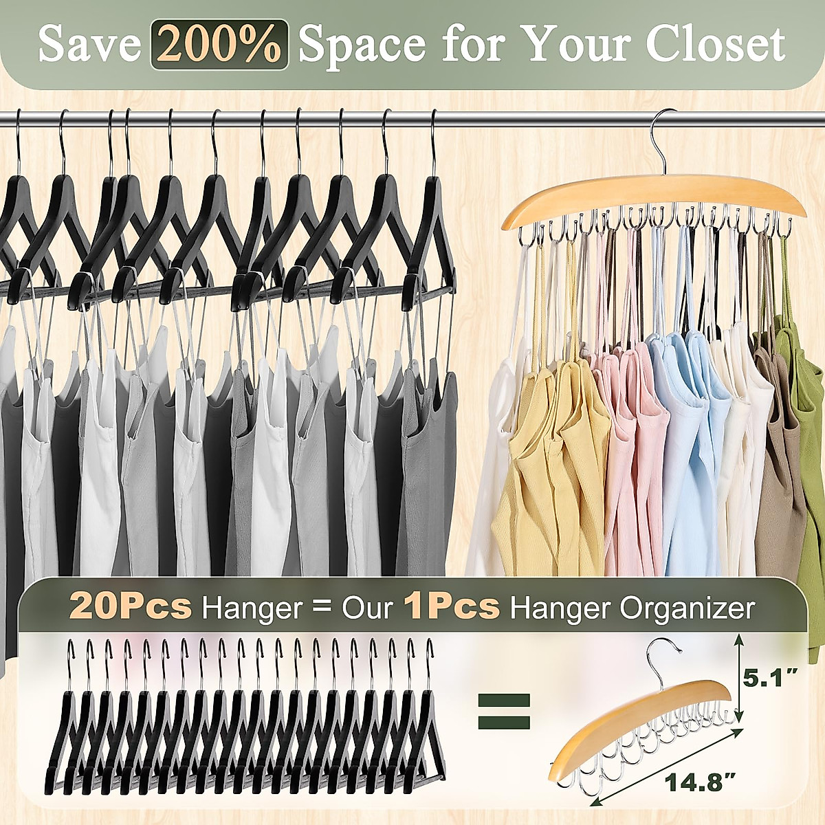NANATI 2 Pack Bra Hangers for Closet Organizer, Bra Organizer with 40 Stainless Steel Hooks, Wooden Tank Top Hanger, Closet Organizers and Storage for Bras Camis Belts Ties, Natural