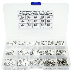 Guard4U 750Pcs 15-Size Metric M1 M1.2 M1.4 M1.6 M1.7 304-Stainless Steel Phillips Countersunk/Flat Head Self-Tapping Small Machine Screws Assortment Kit