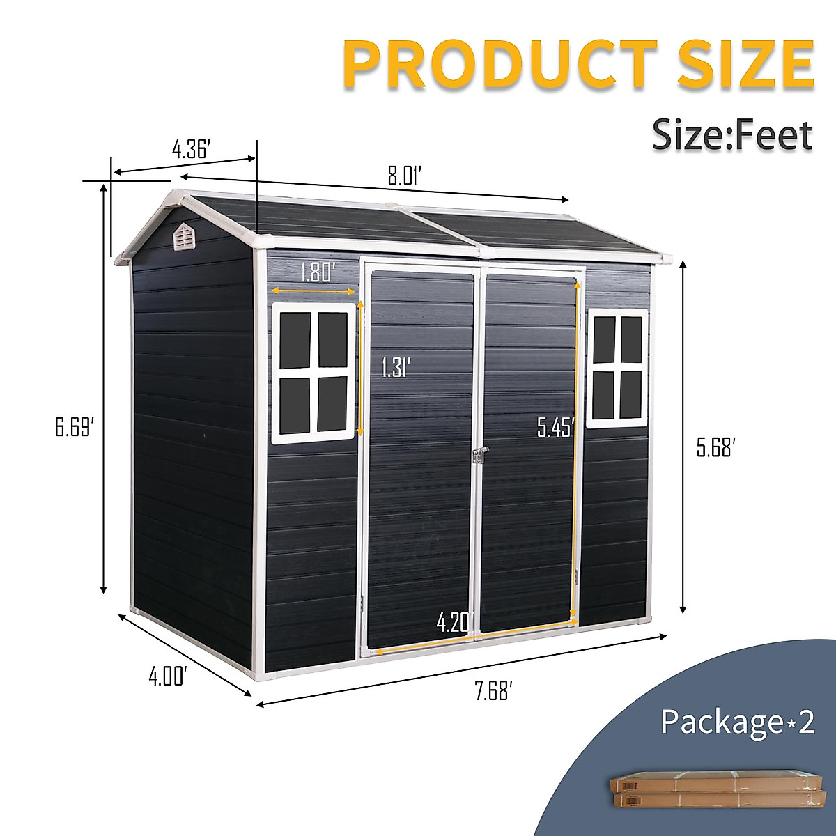 Ball & Cast 4x8 FT Resin Outdoor Storage Shed,Waterproof Garden Organizer Tool House with Floor & Two Windows,Backyard Cabinet w/Lockable Door and Ventilation,Shelter for Car,Bike,Lawnmower,Black