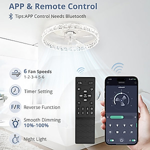 LEDIARY 20" Modern Ceiling Fans with Lights and Remote, Dimmable Low Profile Ceiling Fan, Flush Mount Ceiling Fan, Stepless Color Temperature Change and 6 Speeds - White