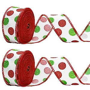 Christmas Wired Ribbon 22 Yards 1.5 Inch Christmas Red Green Dots Ribbon 2 Rolls Christmas Glitter Ribbon Christmas Tree Ribbon Polka Dots Burlap Ribbon for Christmas Decoration, DIY Crafts (White)