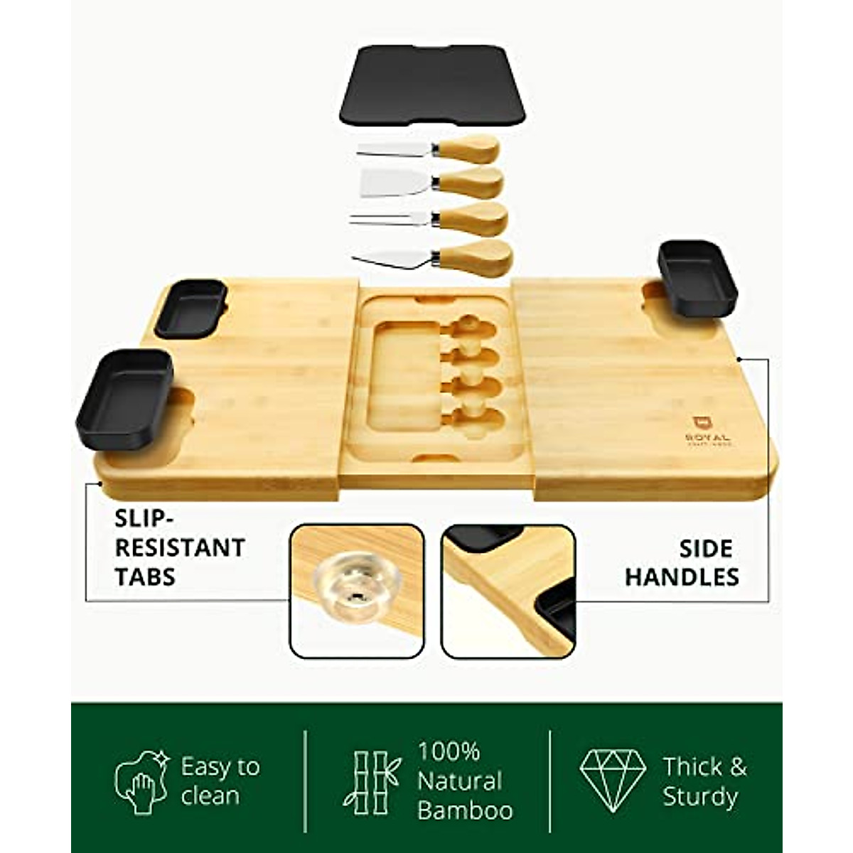 Extra Large Bamboo Charcuterie Boards - Large Charcuterie Board Set w/ 3 Sauce Bowls, 4 Knives & Slate Plate - Unique Cheese Board & Serving Tray with Charcuterie Accessories - Ideal Housewarming Gift