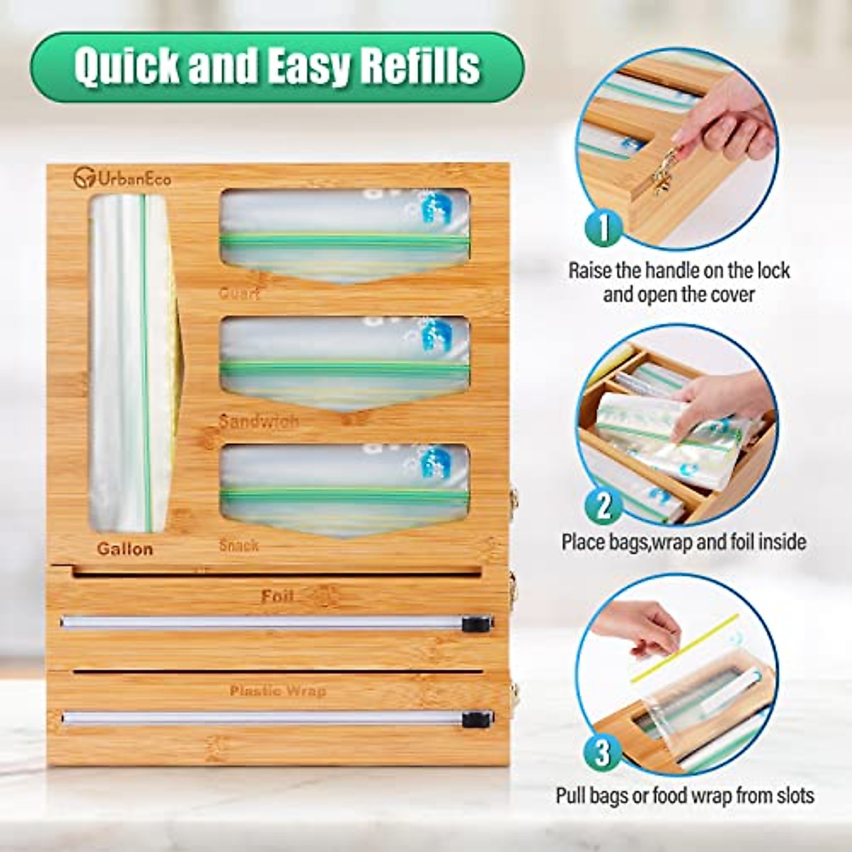 UrbanEco Ziplock Bag Organizer Foil and Plastic Wrap Organizer with Cutter, 6-in-1 Multifunction Kitchen food bag storage Box for Drawer or Wall mount with Aluminum Foil Dispenser - Compatible with Gallon Quart Sandwich & Snack Bag - Foil Dispenser Fits T