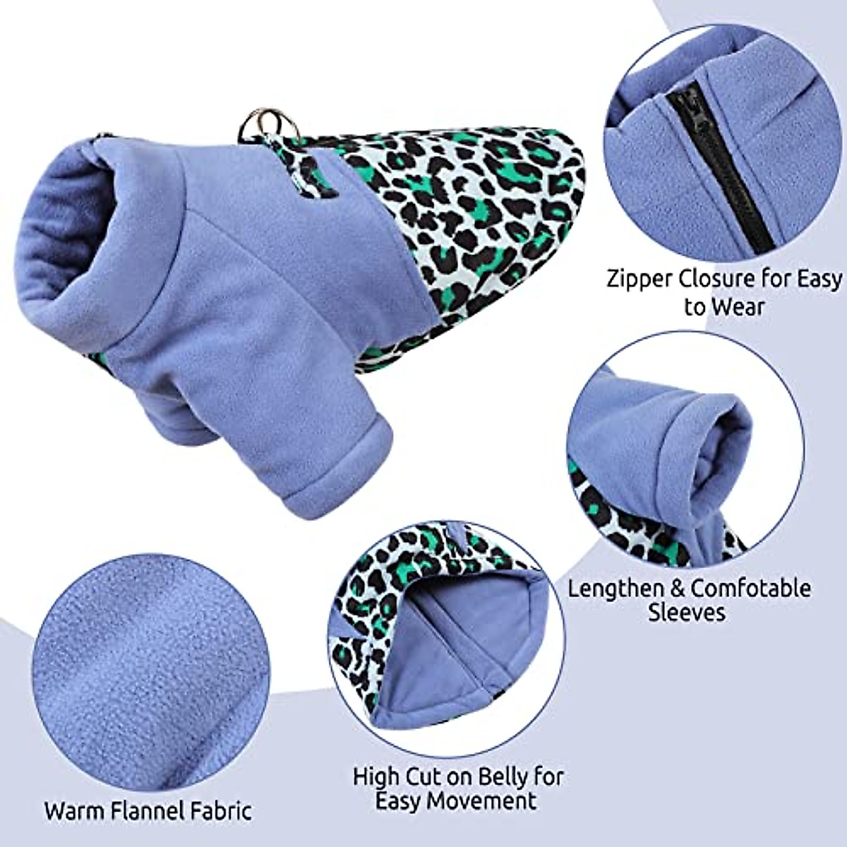 SAWMONG Fleece Dog Winter Coat, Leopard Waterproof Dog Jacket, Warm Thicked Dog Coat with Harness, Dog Vest Cold Weather Clothes Pet Apparel for Small Medium Large Dogs,Blue M