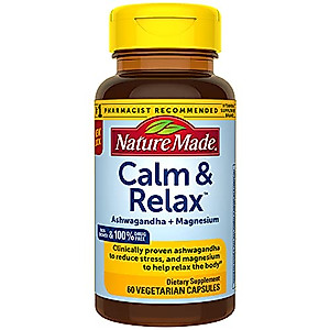 Nature Made Calm & Relax with 300mg Magnesium and 125mg Ashwagandha for Stress Relief, 60 Veggie Capsules