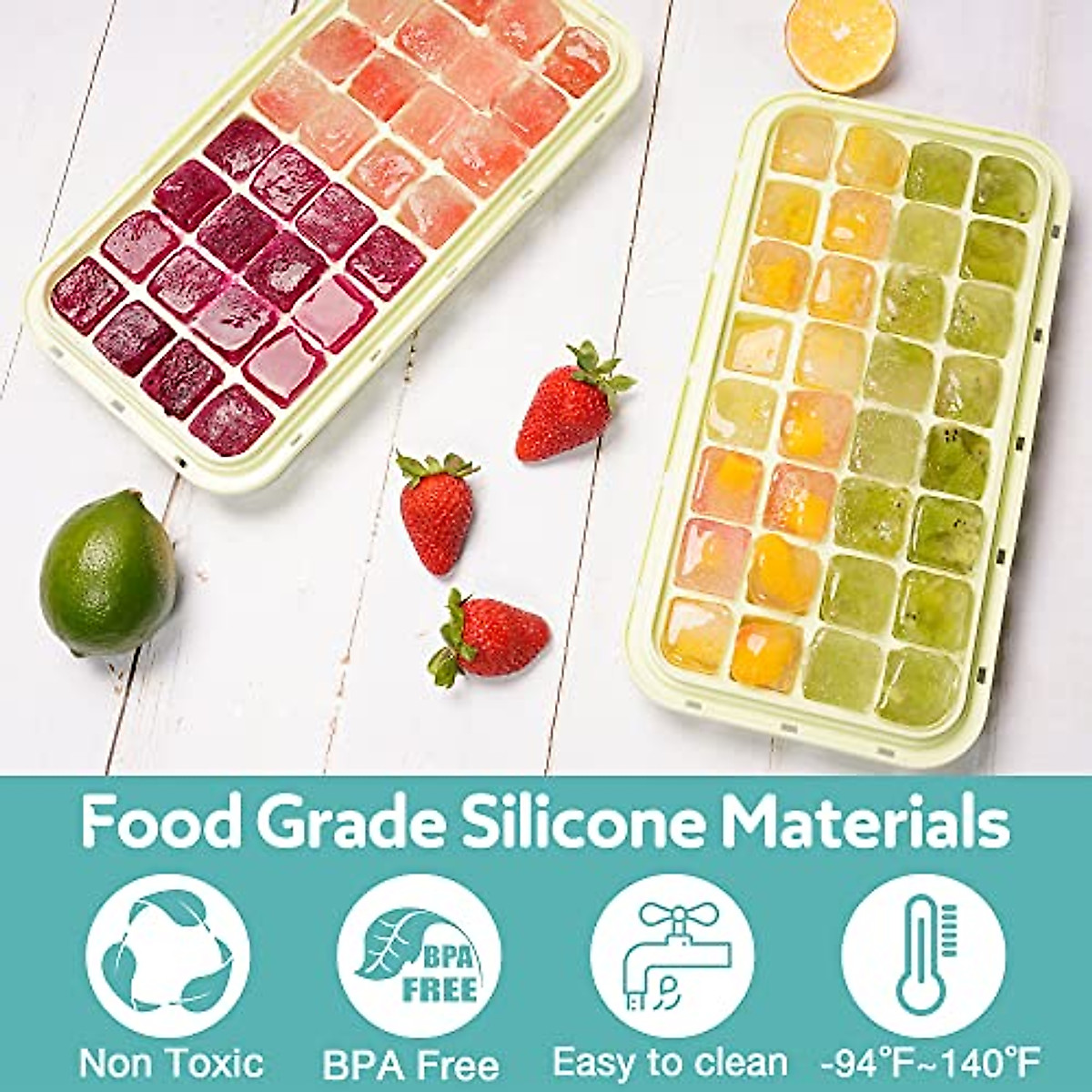 TEBLEI Ice Cube Tray with Lid and Bin, 64 Pcs Silicone Ice Cube Trays for Freezer, Easy Release & Save Space, 2 Ice Trays with Tongs and Scoop, for Whiskey, Cocktail | BPA Free