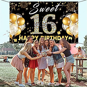 Sweet 16 Backdrop Birthday Decorations, Sweet Sixteen Photo Booth Props, Black Gold Happy 16th Birthday Party Decorations for Girls, Large Fabric 16th Birthday Backdrop Banner 71 * 43 inch PHXEY