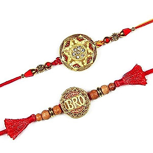 ARTISENIA Rakhi for Brother Set of 2 Rakhi Set | Raksha Bandhan Greeting Card | Roli Chawal Tika - Raksha bandhan Bro Rakhi for Brother Designer Kundan Rakhi | Rakhi for Bhaiya | Rakhi Thread RNJ002