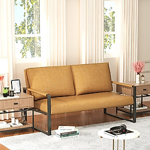 Lamerge Loveseat Sofa,Modern Leather Couch 2-Seat,Mid-Century Sofa Upholstered,Living Room Accent Armchair/Lounge Chair with Metal Frame,Yellowish Brown (LLS-Y)