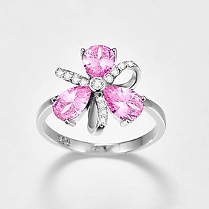 Emsione 925 Sterling Silver Plated Created Pink Topaz Pear Cut Clover Flower Eternity Anniversary Wedding Engagement Band Ring Size 8