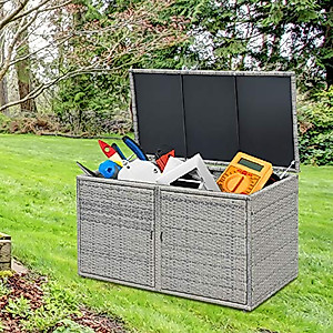 Tangkula Outdoor Wicker Storage Box, Garden Deck Bin with Steel Frame, Rattan Pool Storage Box with Lid, Ideal for Storing Tools, Accessories and Toys, 88 Gallon Capacity (Grey)
