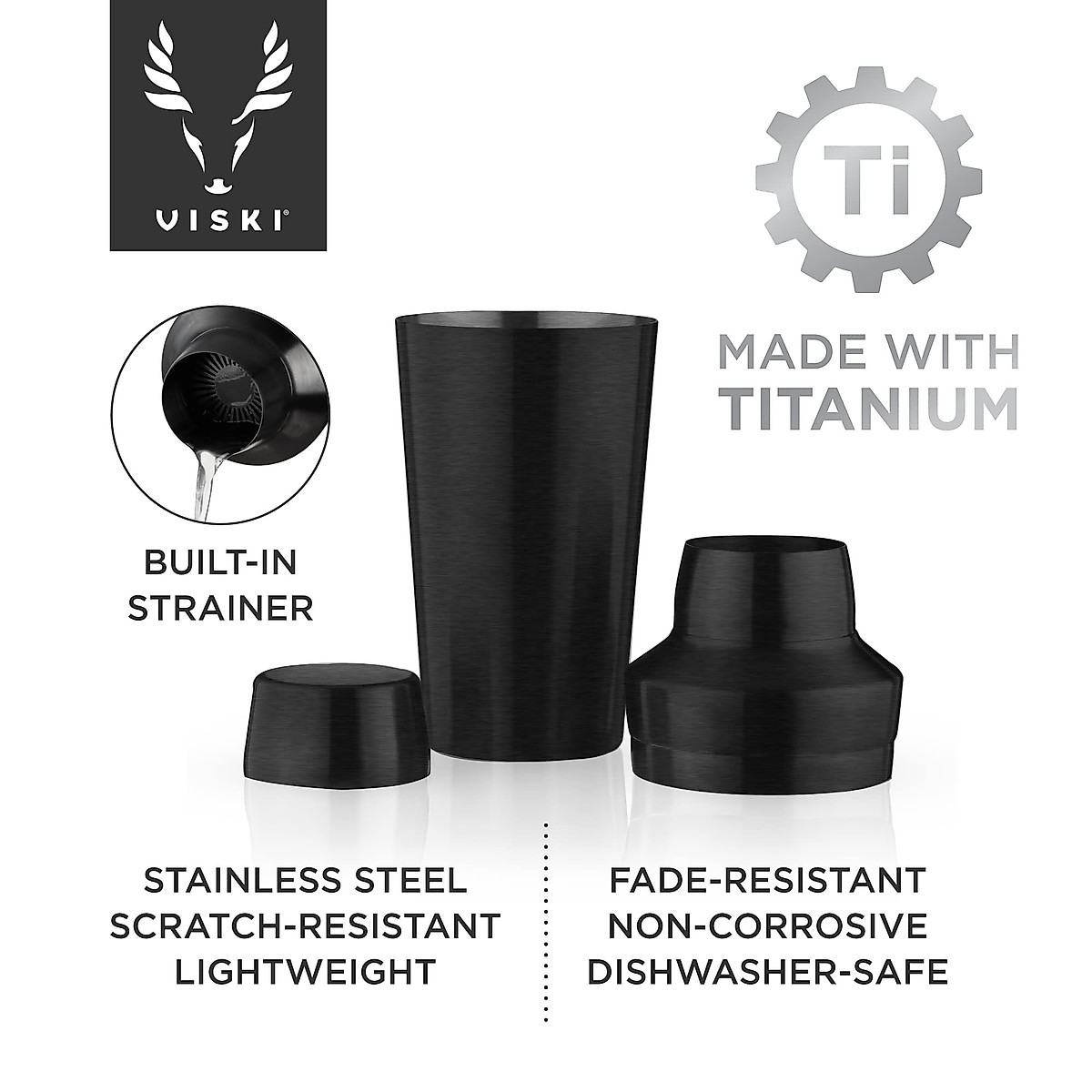 Viski Titanium Cocktail Shaker, Cobbler Shaker with Brushed Finish, Built-In Strainer and Cap, 18.5 Oz, Set of 1, Black