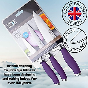 Taylors Eye Witness Syracuse Kitchen Knife 3pce Set - Paring 8cm/3.5”, Chefs 15cm/6” & Cooks All Purpose 13cm/5” Cutting Edge. Ultra Fine, Razor Sharp Blade. Soft Textured Grip Purple Colour Handle