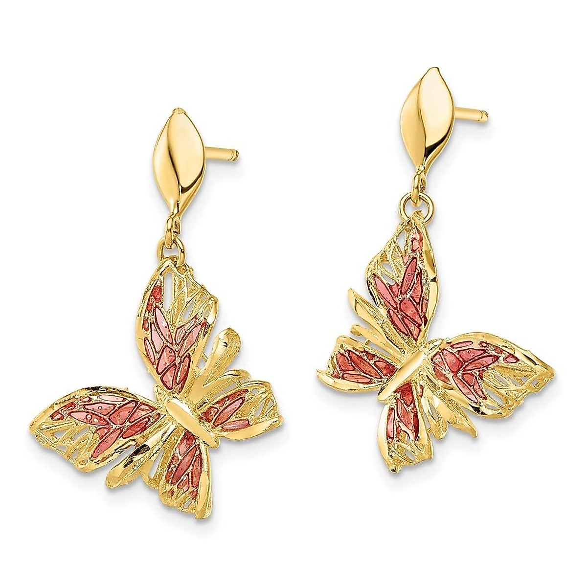 Diamond2Deal 14k Yellow Gold Polished Diamond Cut Pink Enamel Butterfly Dangle Earrings (L- 1.1 in, W- 0.73 in)
