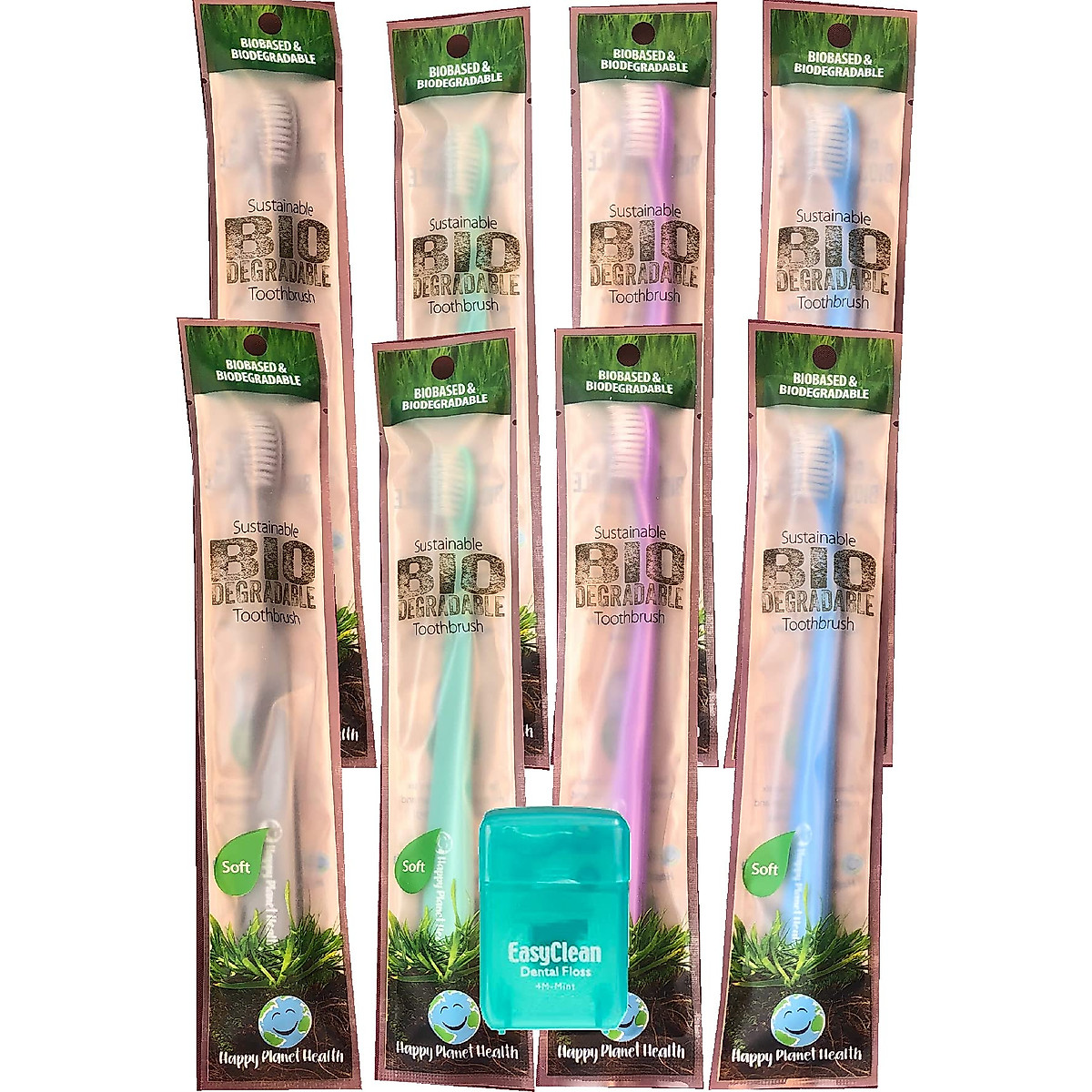 HDP Happy Planet Biodegradable Toothbrush Floss Color:Biodegradable Size:Pack of 8 with Bonus