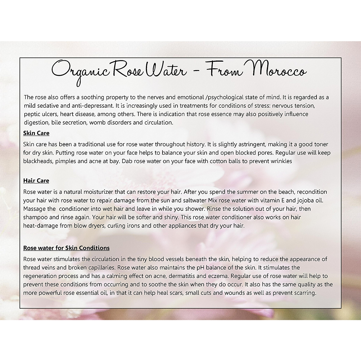 Premium Organic Moroccan Rose Water - 4oz W/Sprayer - Imported From Morocco - 100% Pure (Food Grade) No Oils or Alcohol - Rich in Vitamin A & C Perfect for Hydrating & Rejuvenating Your Face & Neck