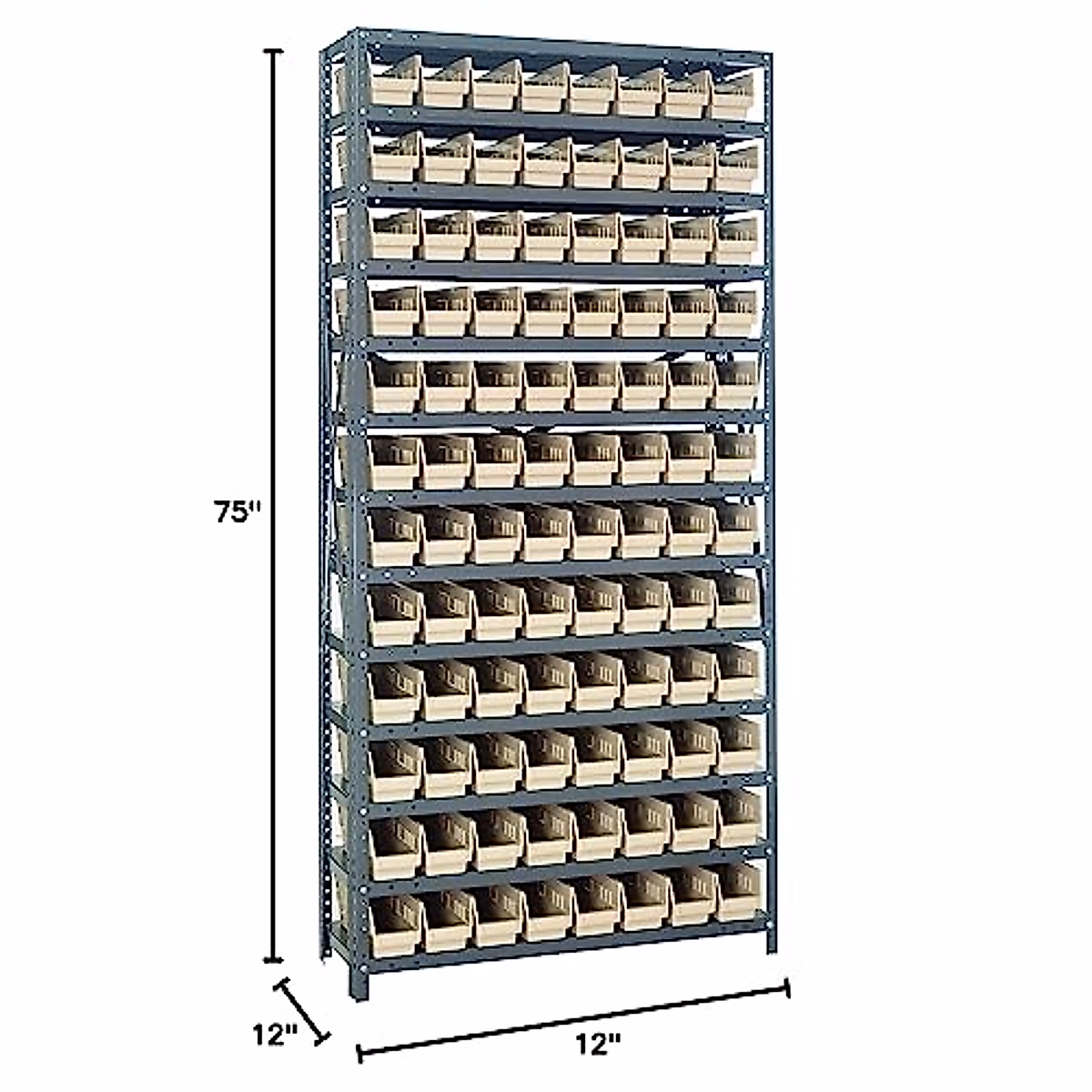 Quantum Storage Systems 1275-101IV Steel Shelving Unit with 4" Shelf Bins, 12" D x 36" W x 75" H, Ivory