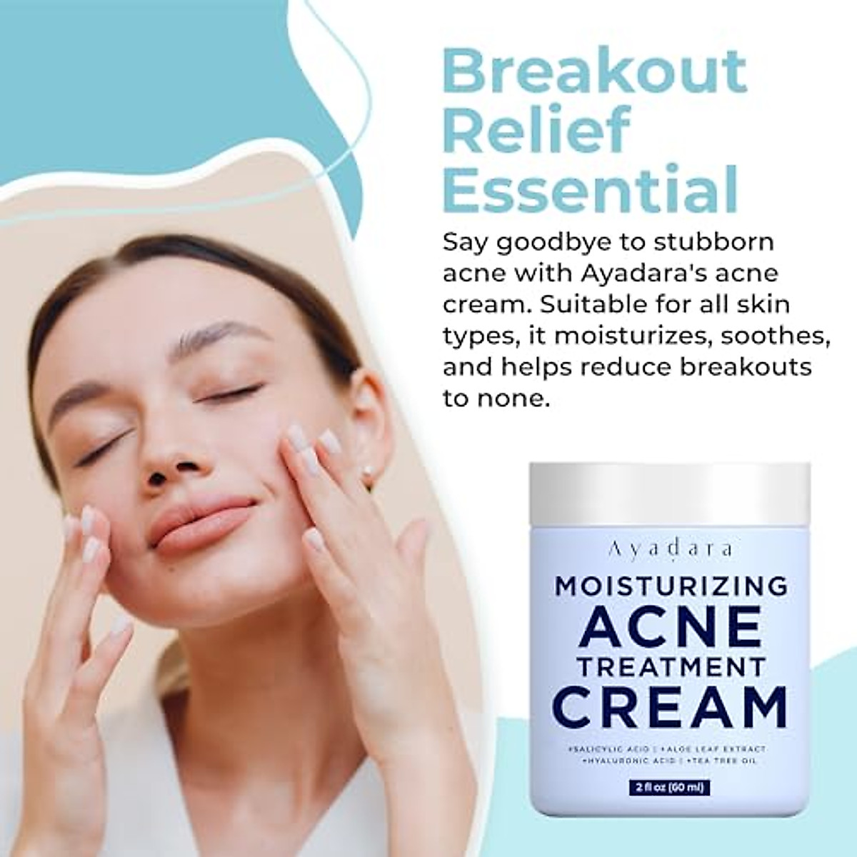 Moisturizing Acne Treatment Cream, Salicylic Acid Face Moisturizer for Oily & Acne Prone Skin, Pimple, Blackhead, Whitehead, Hormonal, & Cystic Acne Treatment for Men, Women, 90-Day Supply by Ayadara