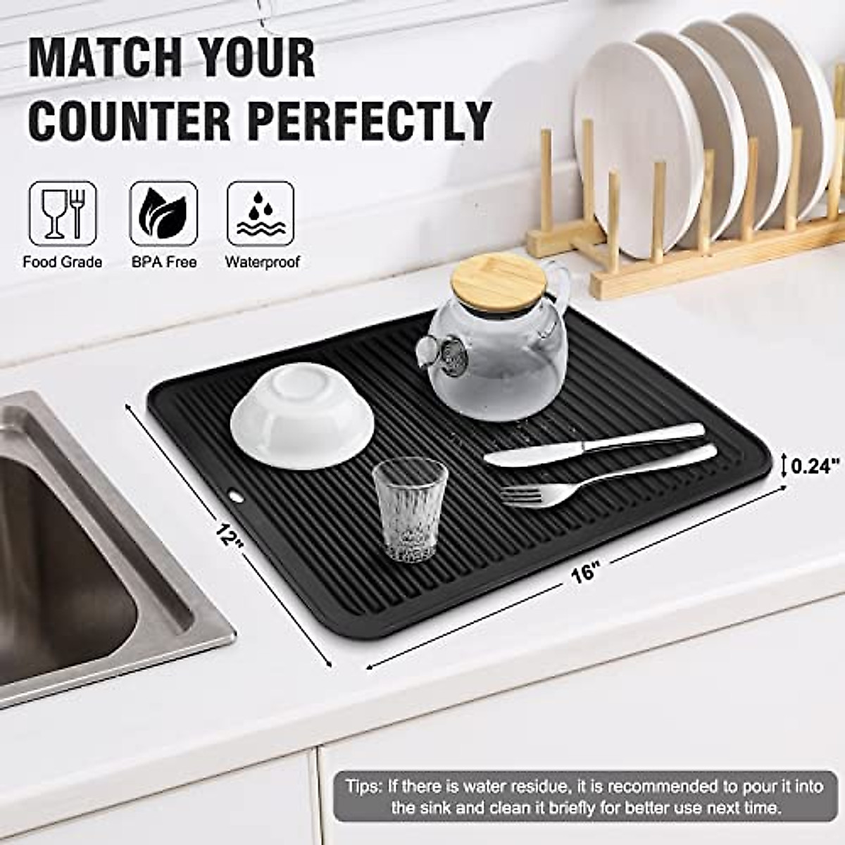 Walfos Dish Drying Mat for Kitchen Counter, Heat Resistant Silicone Dish Mats, Multi-Purpose Kitchen Drying Mats for Counter Top, Sink, 16x12 Inch