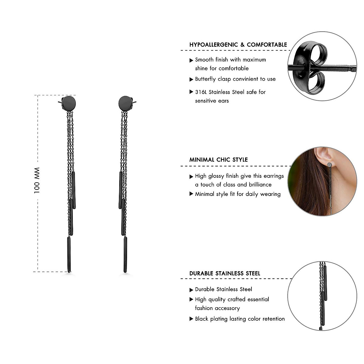 555Jewelry Womens Stainless Steel Chic Stylish Triple Bar Tassel Long Chain Drop Dangle Dangling Earring Pair Classic Fashion Accessory Jewelry Post Nut Earrings, Black