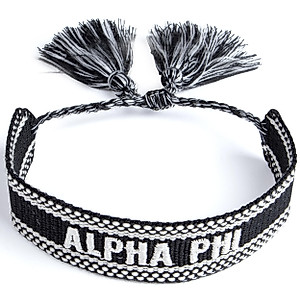 Sorority Shop Alpha Phi Bracelet — Woven Bracelet, Black and White Design with AP Sorority Name and Tassels, Greek Sorority Jewelry and Big Little Sorority Gifts
