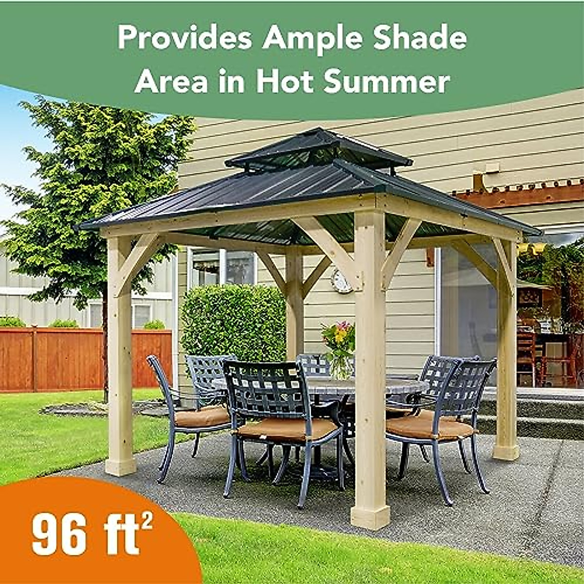 BBQ Gazebo Canopy Patiojoy 10'x10' Outdoor Patio Hardtop Gazebo Double Steel Roof Solid Wood Frame Grill Gazebo Shelter for Patio, Garden