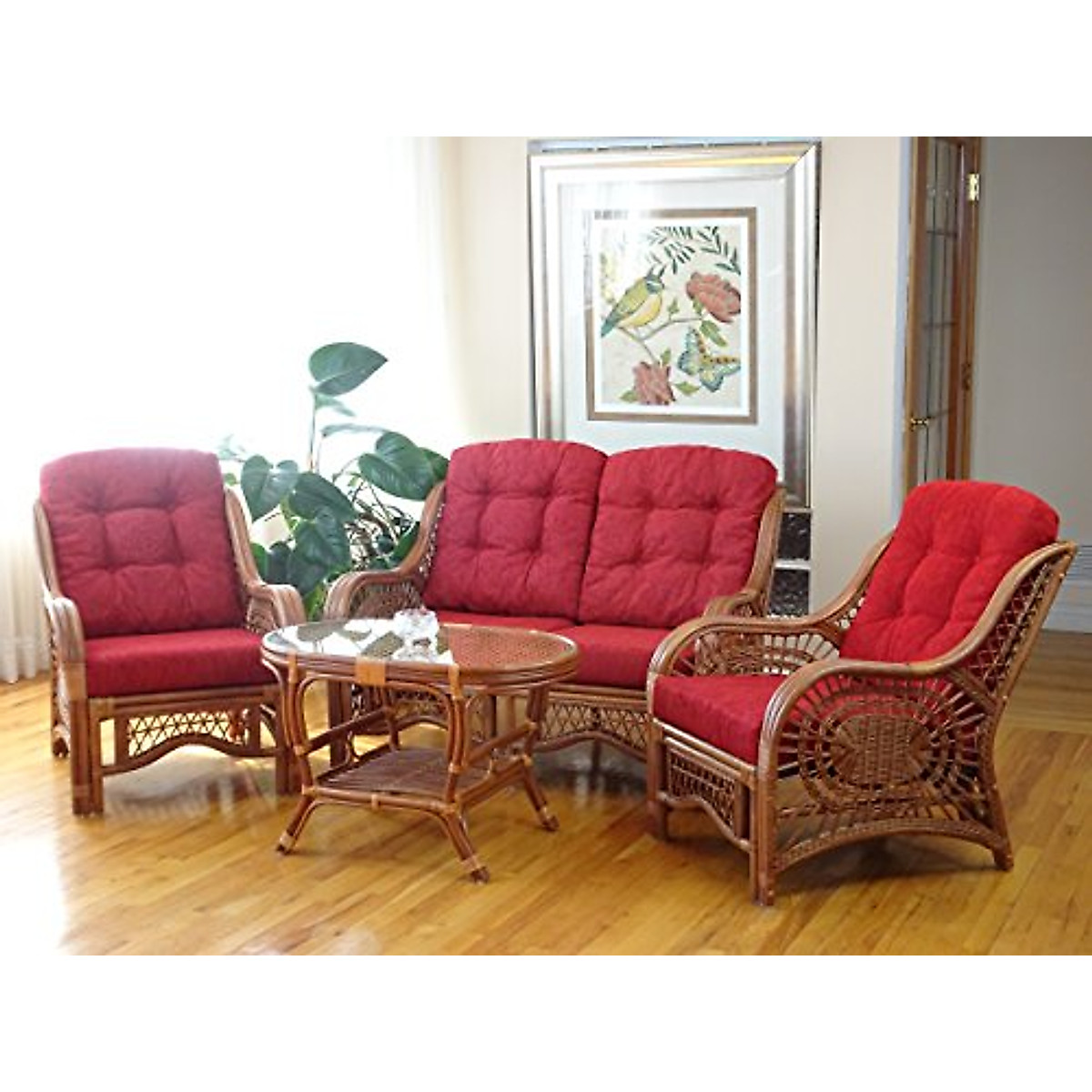 Malibu Lounge Set of 4: 2 Natural Rattan Wicker Chairs, Loveseat with Red Cushions and Coffee Table w/Glass Handmade, Colonial