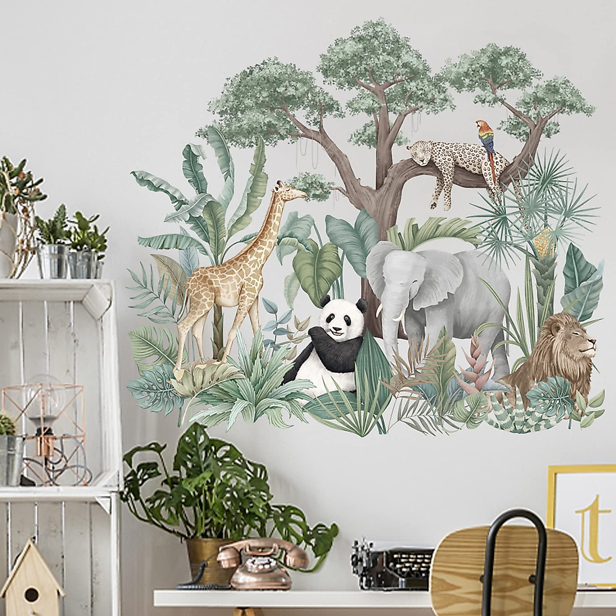 Cartoon Tropical Rainforest Animals Green Plants Wall Stickers, Jungle Giraffe Elephant Panda Lion Leopard Parrot Wall Decals, ZOXILEN DIY Zoo Art Decor for Kids Bedroom Nursery Living Room Home