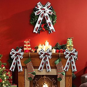 AnyDesign 30 Yards Christmas Wired Edge Ribbon 2.5 Inch Black White Buffalo Plaids Fabric Ribbon Xmas Tree Santa Snowflake Craft Ribbon for Holiday Wrapping DIY Making Bow Wreath