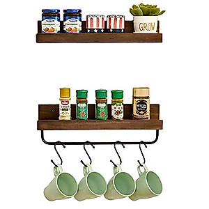 WELLAND Dayton Floating Shelves Set of 2 Wood Picture Ledge Wall Mounted Storage Shelf with Hooks for Kitchen, Bathroom