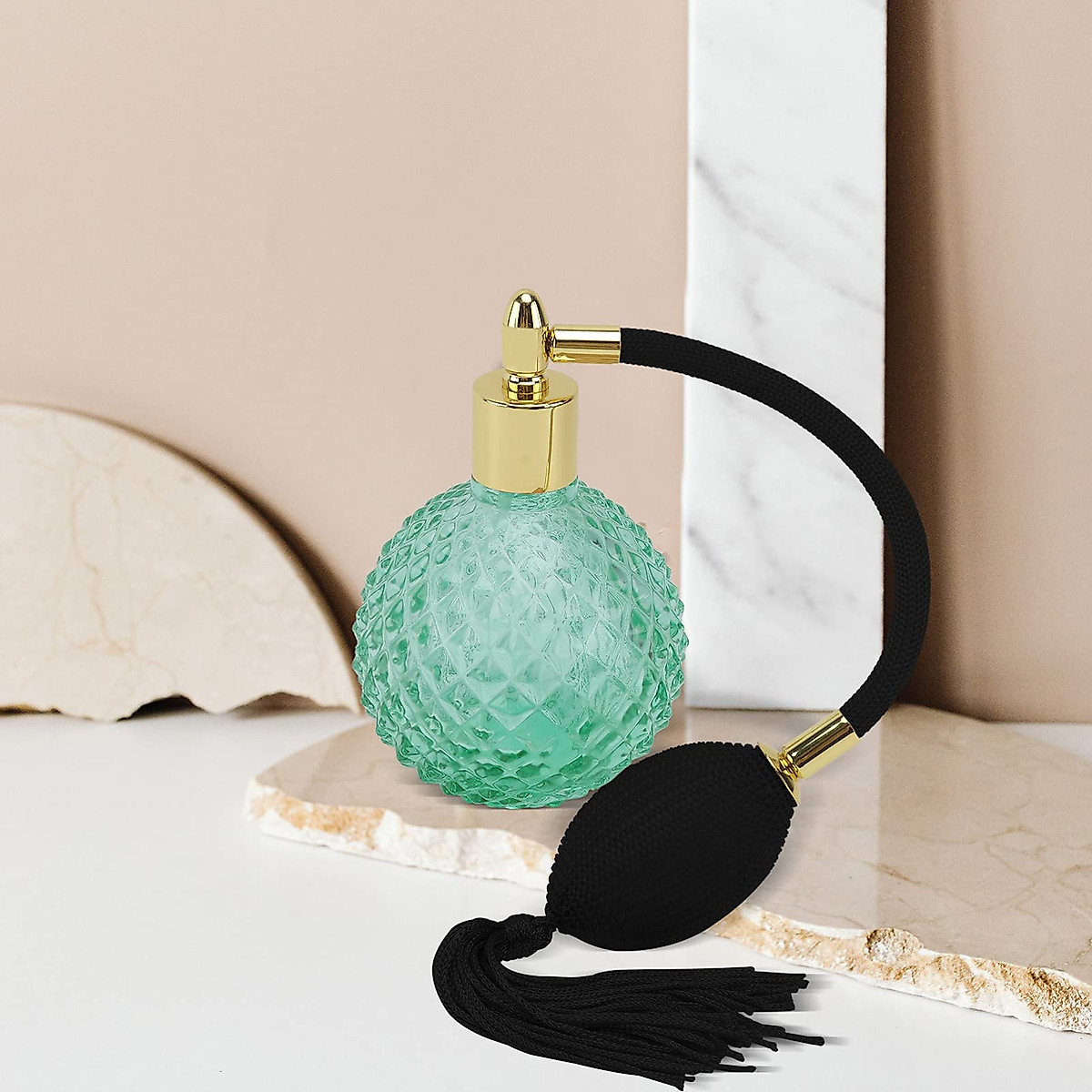 HEALLILY Crystal Vintage Perfume Bottle 100ml Refillable Perfume Spray Bottle with Long Tassel Air Bag Clear Empty Glass Container for Women Girls Green