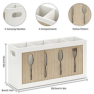 Wooden Kitchen Utensil Holder for Countertop, Rustic Utensil Organizer Cutlery Holder Flatware Silverware Organizer, Cooking Utensil Caddy Organizer with 4 Compartments for Spoons, Forks, Knives