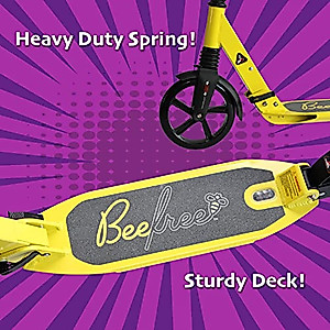 Bee Free 2 Wheel Kick Scooter for Adults and Teens, Adjustable Handlebars, Premium Durable Aluminum Construction, Foldable, Rear Foot Brake and Anti-Shock Suspension, Ages 12+, Up to 200 LBS, Yellow