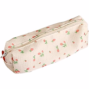 Pink Strawberries Women Fresh Style Pencil Bag Flower Floral Canvas Large Pen Pencil Pouch Bag Pencil Case Pen Holder Coin Pouch, Simple Cosmetic Storage Bags Makeup Bag Office Stationery Organizer