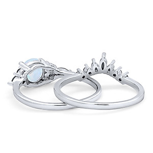 Lab Created White Opal Size-7 Two Piece Bridal Set Art Deco Wedding Engagement Vintage Black Marquise Round CZ 925 Sterling Silver