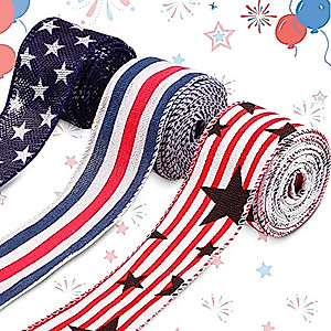 3 Rolls Patriotic Wired Ribbons Independence Day Ribbon Patriotic Stripe Wired Ribbon USA Flag Star Ribbon 4th of July Ribbons for Memorial Day, Veterans Day, 4th of July, President's Day Decors
