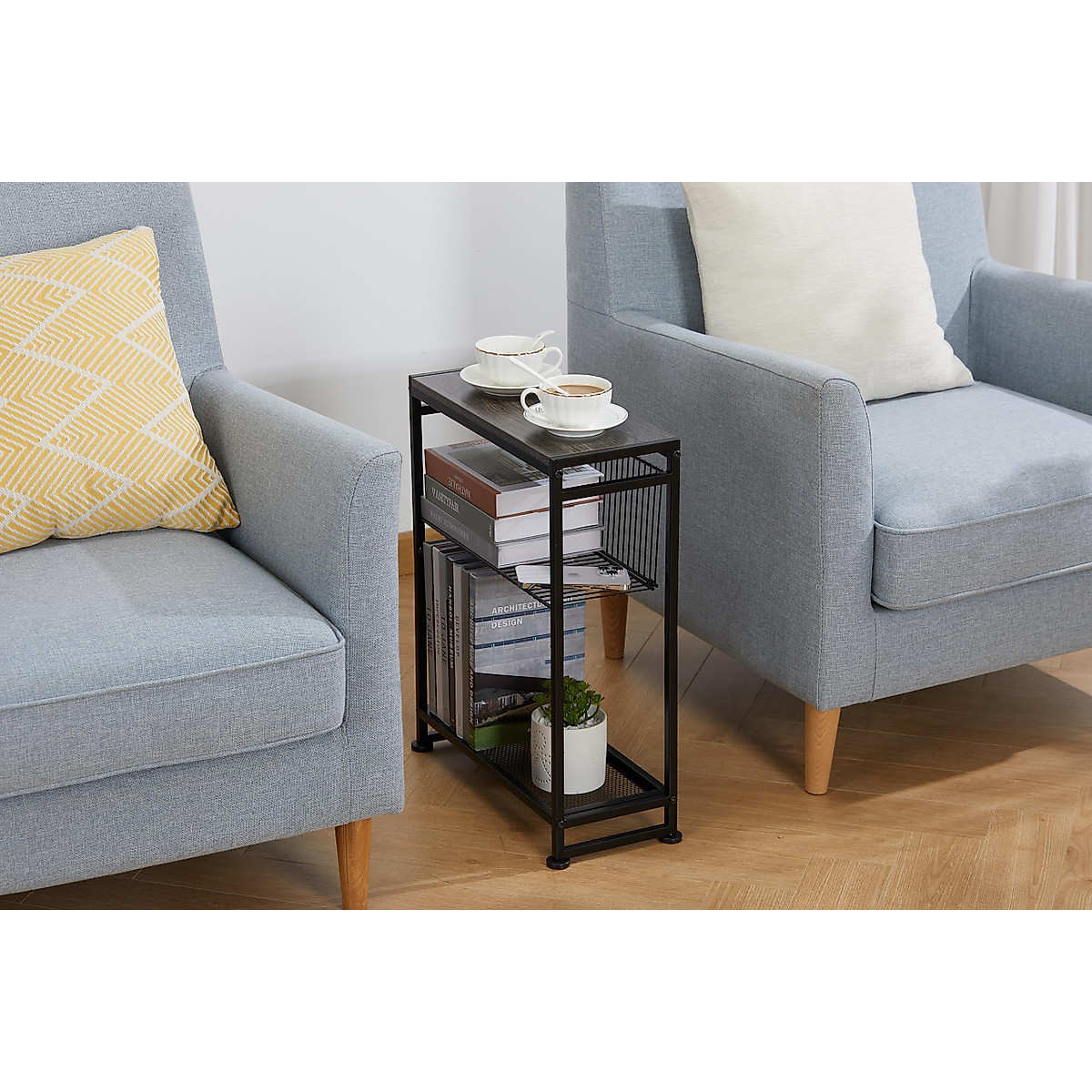Small Side Table for Small Spaces - Slim End Table with Magazine Holder - 2 in 1 Design Narrow End Table Living Room - Skinny Bedside Table Nightstand Bedroom Thin Side Table (Grey)