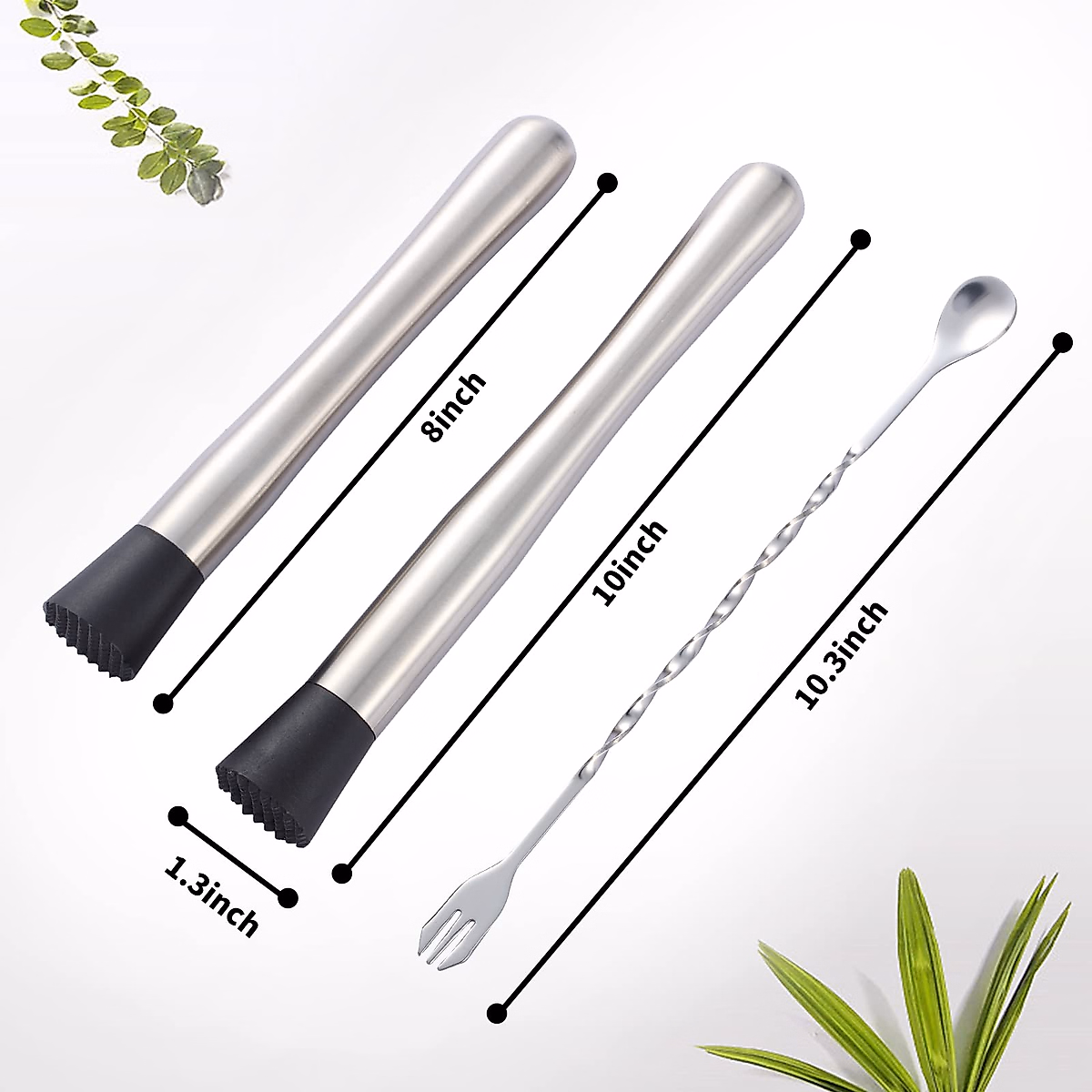 10 inch & 8 inch Stainless Steel Cocktail Muddler with 2 Mixing Spoon, Home Bar Tool Set, for Making & Creating Delicious Mojitos, & Other Fruit Based Drinks & Beverages in Various Containers