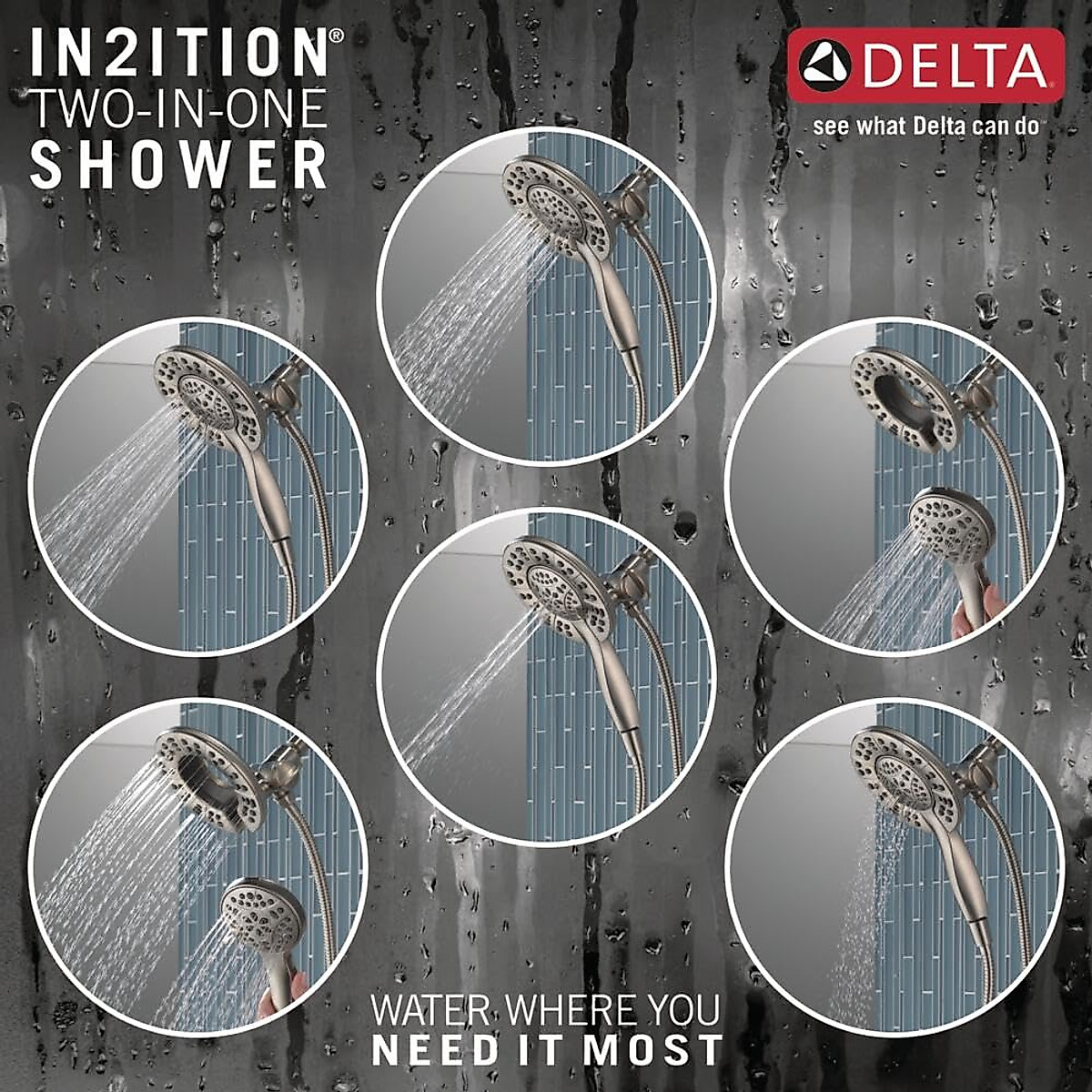 Delta Faucet 4-Spray In2ition Dual Shower Head with Handheld Spray, Brushed Nickel Shower Head with Hose, Showerheads & Handheld Showers, Handheld Shower Heads, Stainless 58499-SS
