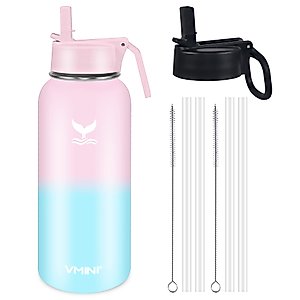 Vmini Water Bottle with New Wide Handle Straw Lid, Wide Mouth Vacuum Insulated 18/8 Stainless Steel, 4 Straws and 2 Brushes, 32 oz, Gradient Pink + Blue