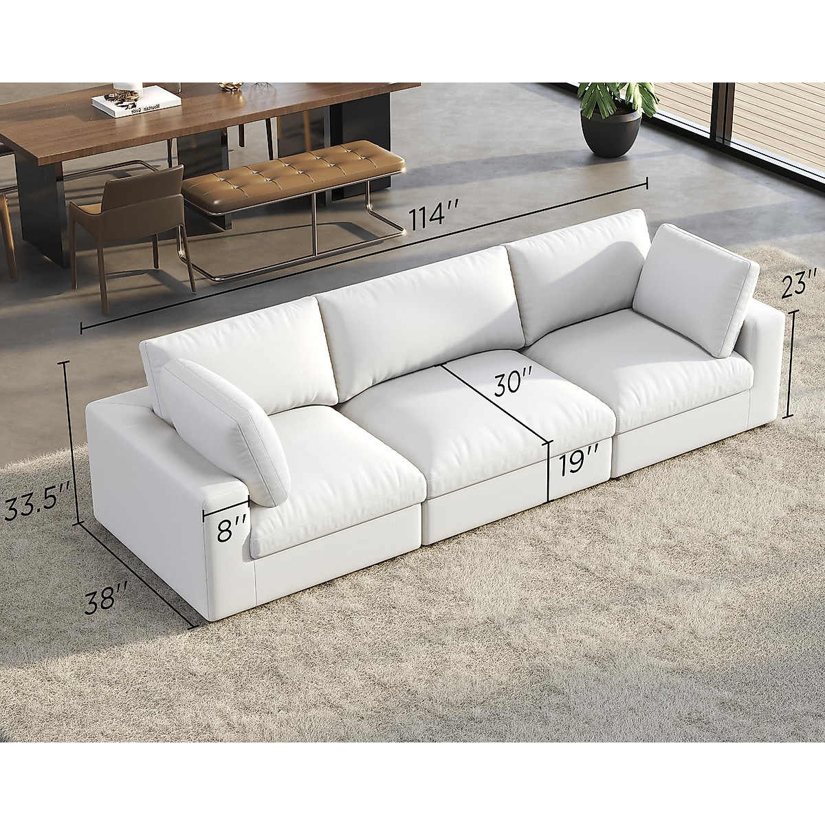 PaPaJet Modular Sectional Sofa, 114 Inches Down Filled Sectional Sofa, 3 Seater Oversized Comfy Couch for Living Room, White Linen Cloud Couch Set