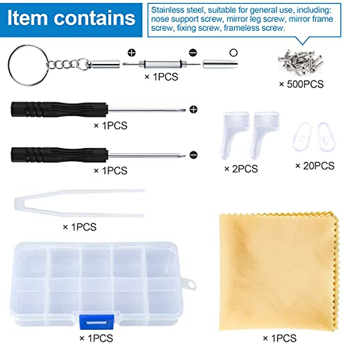 OIIKI Eyeglasses Repair Kit, 3-in-1 Screwdriver, Slotted/Cross Bit Screwdrivers, 10Pairs Nose Pads, Tweezer, Anti-Slip Holder, Cleaning Cloth, Screws, Storage Box, Replacement for Glasses, Sunglass