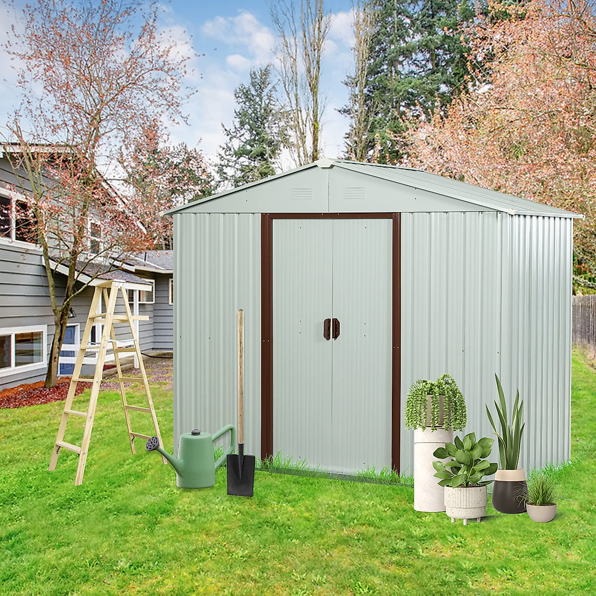 8 x 4 FT Outdoor Storage Shed, Metal Garden Shed with Floor Frame, Tool Shed Outdoor Storage with Lockable Sliding Doors & Air Vents, Storage House Waterproof for Backyard, Lawn, White