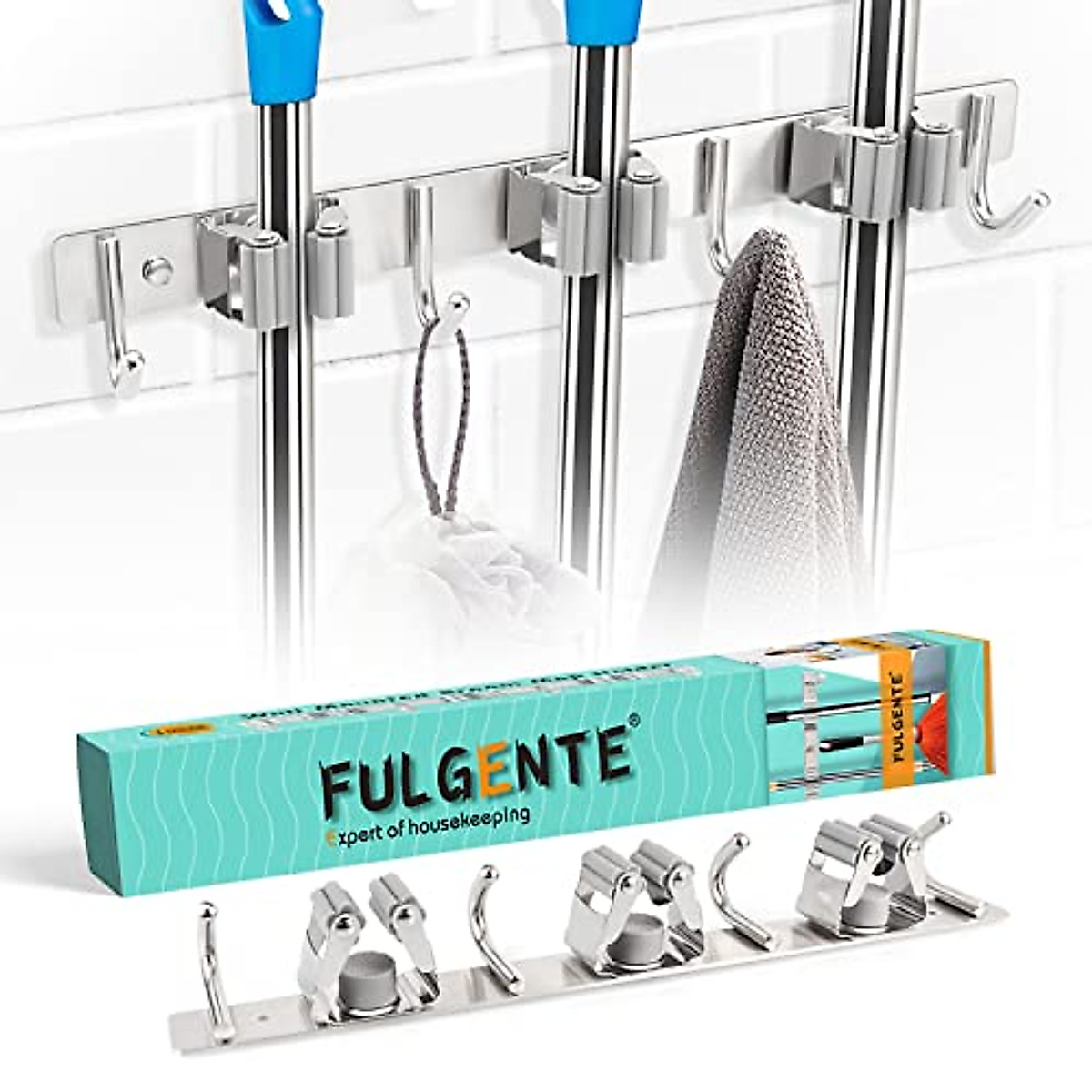 FULGENTE Broom Mop Holder, Wall Mount Storage Cleaning Tools Organizer for Laundry Garage Garden Bath Kitchen, Screw-In Heavy Duty Stainless Steel Utility Rack Hanging Shelf (3 Racks 4 Hooks)