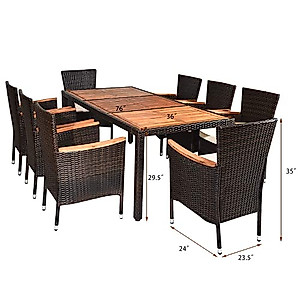 ReunionG 9PCS Outdoor Patio Dining Set, Garden Rattan Wick Furniture Set w/Acacia Wood Table and Stackable Armrest Chairs, Garden Dining Set for Patio, Poolside, Balcony and Indoor, Cushions Included