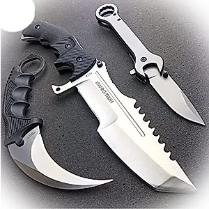 New 3 PC Tactical Hunting Fixed Blade Knife Karambit Wrench Tool SILVER SET NEW Camping Outdoor Pro Tactical Elite Knife BLDA-1064
